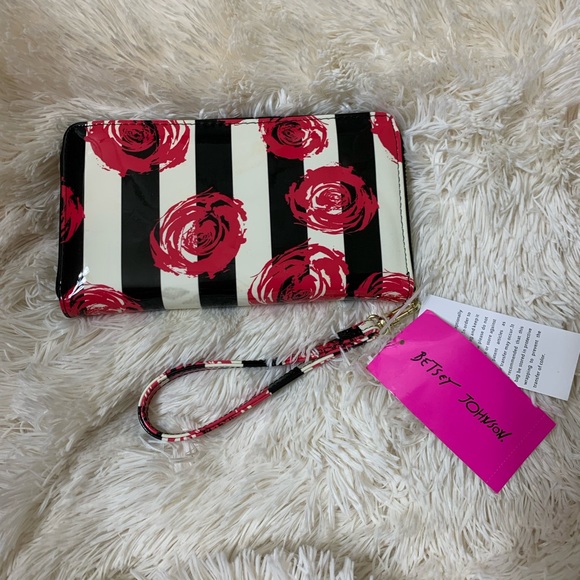 Other | Betsey Johnson Nwt Red Roses Black White Stripe Wallet | Poshmark